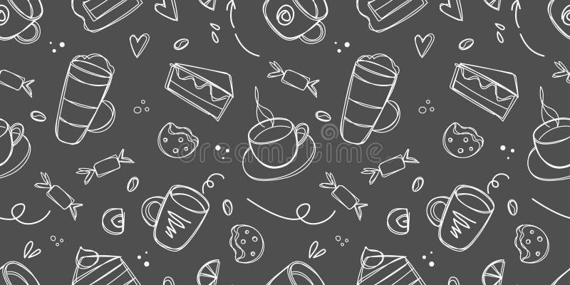 Coffee and Desserts Seamless Pattern in Doodle Style Drawing with Chalk ...