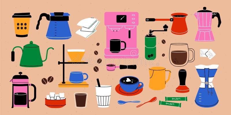 Coffee Devices. Cartoon Coffee Machine Server French Press Kettle Mug ...