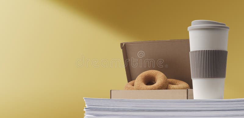 Coffee and Donuts on a Pile of Paperwork Stock Photo - Image of banner ...
