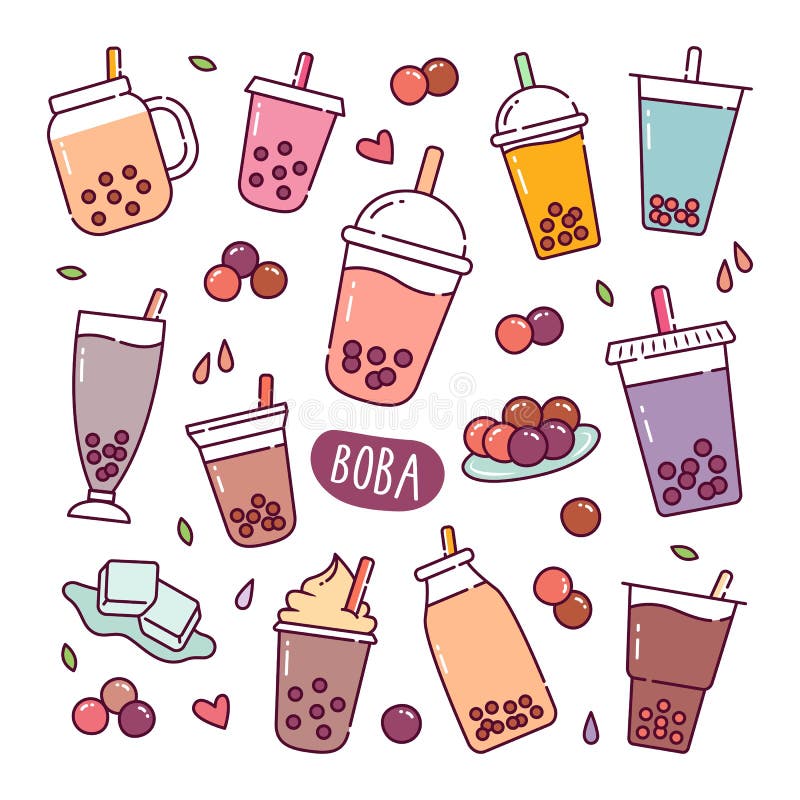 Boba Drink Doodle Hand Drawn Vector Icons for Boba Shop Wallpaper Stock ...