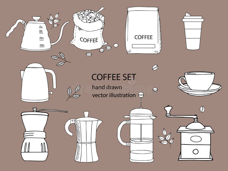 Hand Drawn Vector Coffee Set. Sketch Coffee Maker, French Press, Cup ...