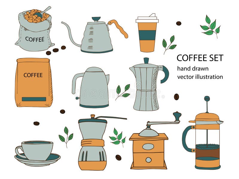 Hand Drawn Vector Coffee Set. Sketch Coffee Maker, French Press, Cup ...
