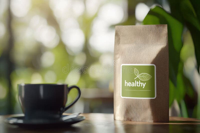 Premium Coffee Bag with Green Label in Chic Cafe Setting and Soft ...