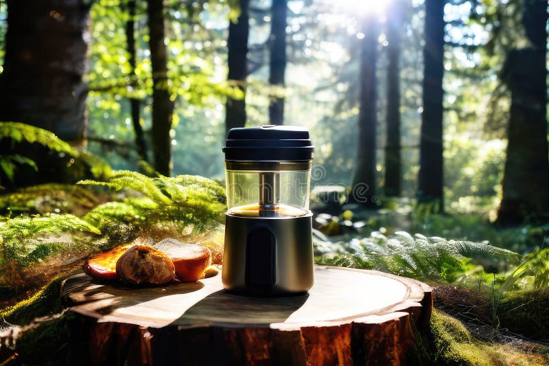 A Coffee Drink in a Thermos on the Tree Stump with Wild Forest Around ...