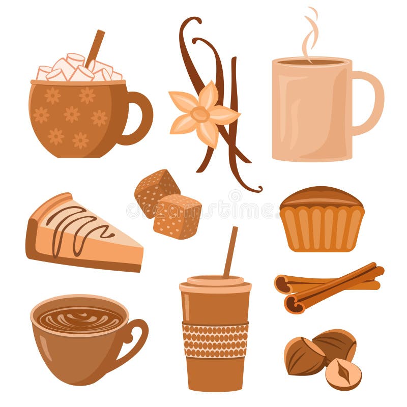 Coffee Drinks and Flavors. Set of Decorative Design Elements, Vector ...