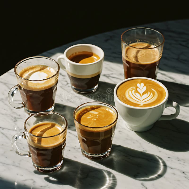 Coffee Variety on Marble Table Stock Photo - Image of latte, caffeine ...
