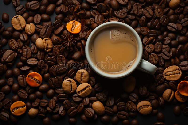 Coffee Elevation Top-View Cup on a Bed of Coffee Beans Stock ...