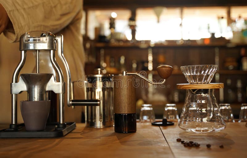 Coffee Equipments in the Coffee Shop on Timber Counter Stock Image ...