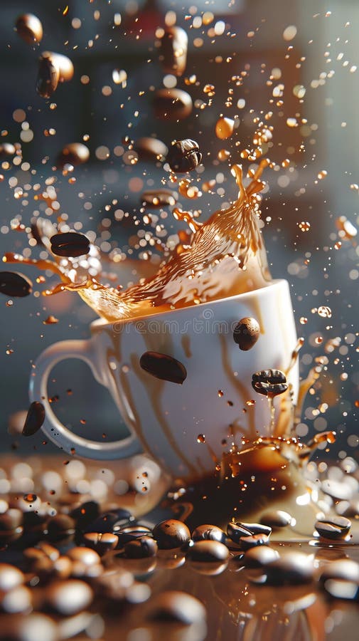 Coffee Explosion with Splash and Beans in Mid-air Stock Photo - Image ...