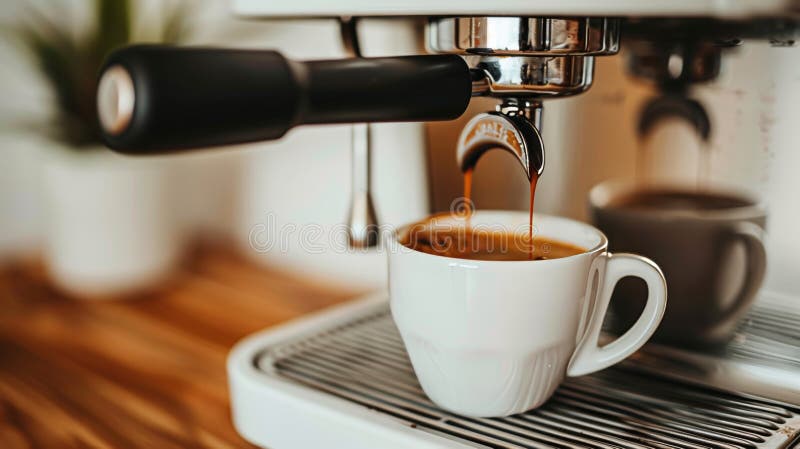 Coffee Extraction Portafilter Pouring Espresso into Cup in Bright White ...