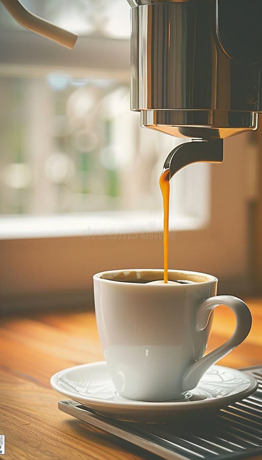 Coffee Extraction Portafilter Pouring Espresso into Cup in Bright White ...