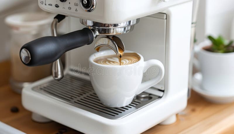 Coffee Extraction Portafilter Pouring Espresso into Cup from Machine in ...