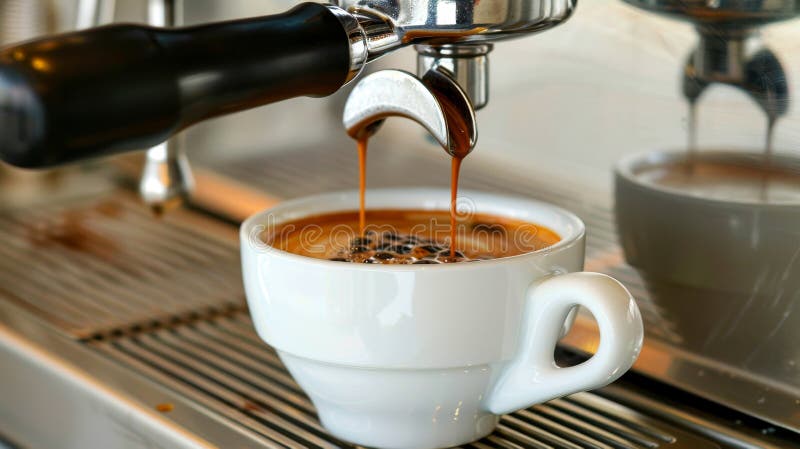 Coffee Extraction Portafilter Pouring Espresso into Cup from White ...