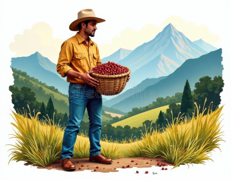 Coffee Farmer Harvesting Red Coffee Cherries in Mountain Landscape ...