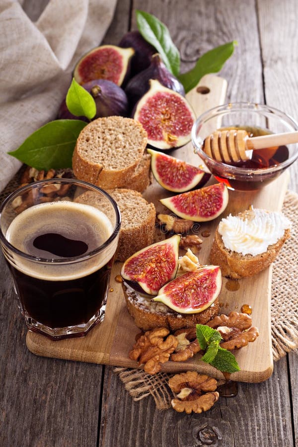 Coffee with Figs and Cheese Bruschetta Stock Photo - Image of american ...