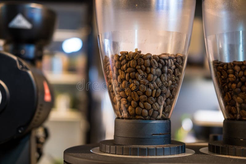 Coffee Grinder with a Coffee Beans Inside in Cafe Stock Image - Image ...