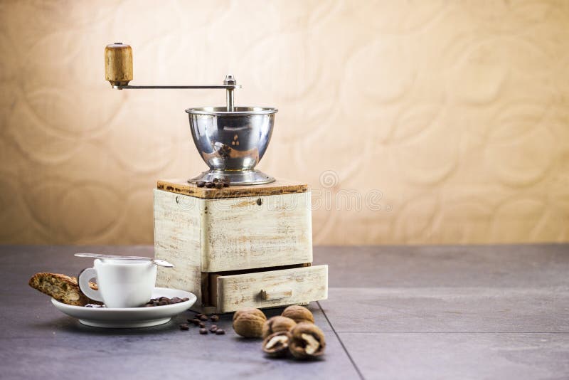 Coffee Grinder, Coffee and Sweet Italian Cookie Cantuccini Stock Photo ...