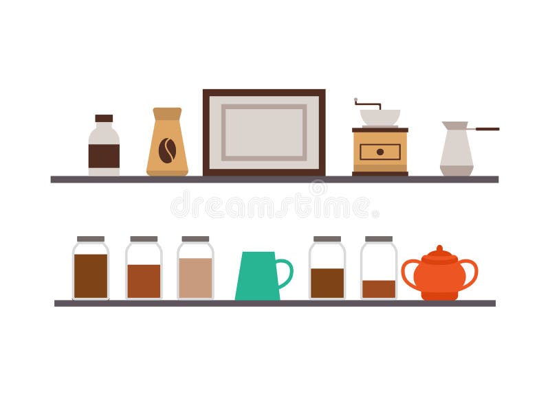 Coffee and Grinder, Turk and Sugar, Cafe Shelves Stock Vector ...