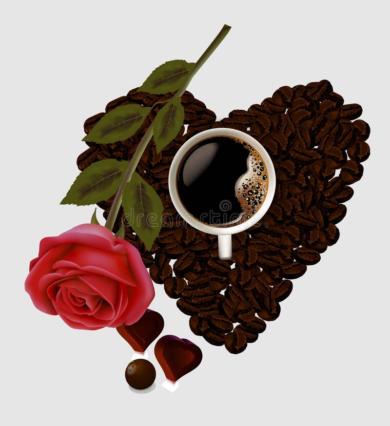 Coffee heart and rose stock illustration. Illustration of background ...