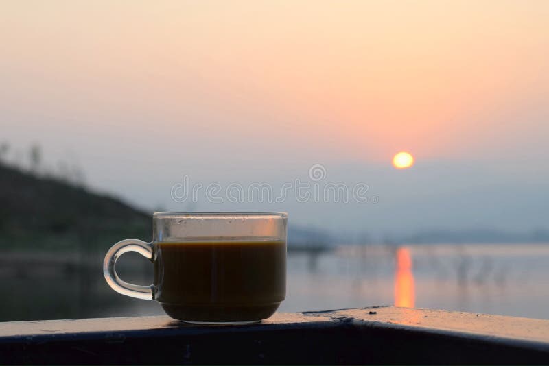 Morning Coffee Background Sunset with Mountain. Orange Sun Stock Photo ...