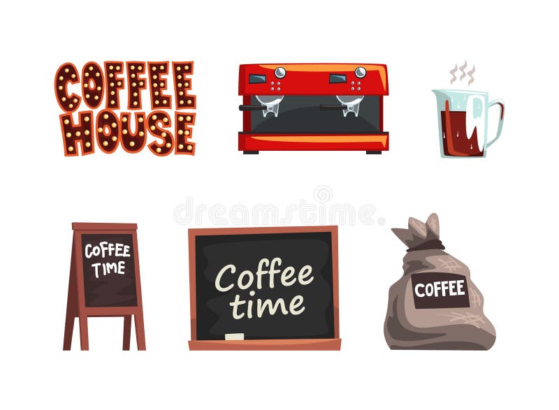 Coffee House Objects Set. Coffee Making Equipment Cartoon Vector Illustration Stock Vector ...
