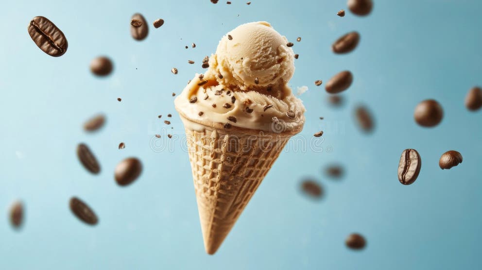 Coffee Ice Cream Cone with Falling Beans on Blue Background Stock ...