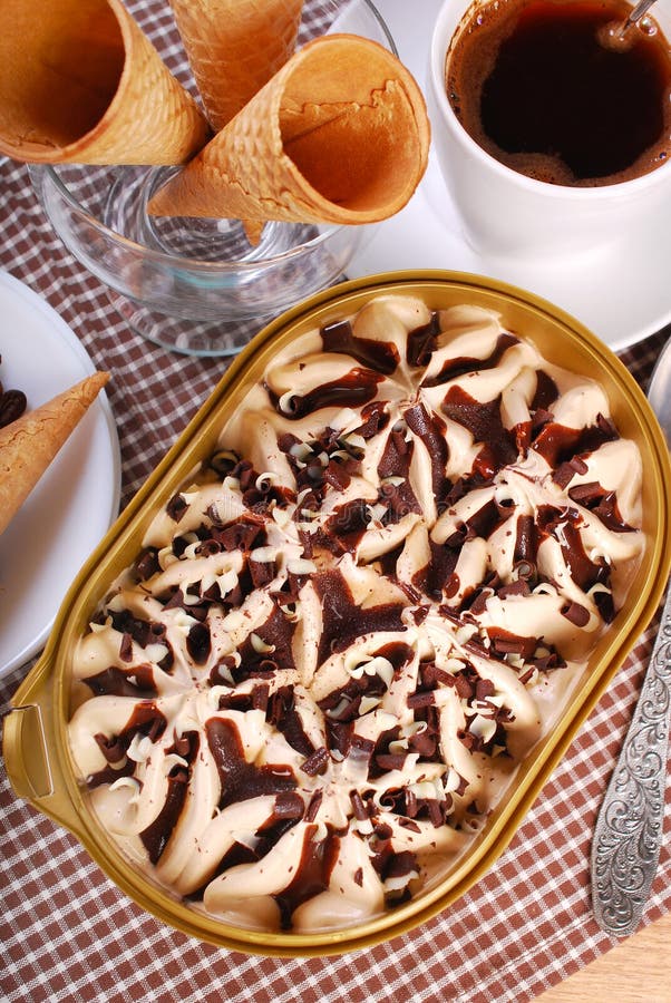 Coffee Ice Cream in Plastic Box and Cones Stock Photo - Image of cold ...