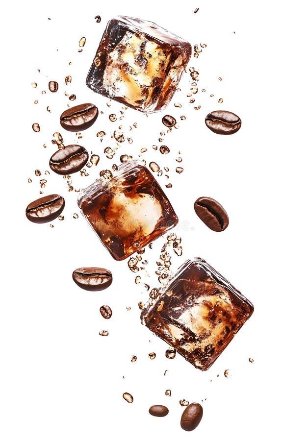 Coffee Ice Cubes, Flying with Coffee Grains, Isolated on White ...