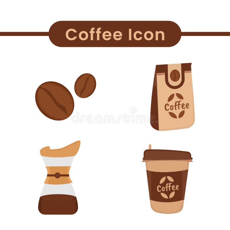 Coffee Icon Set with Beans, Packaging, and Brewing Essentials Stock ...