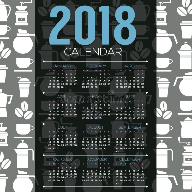 2018 Coffee Items Flat Design Graphic Printable Calendar Starts Sunday ...