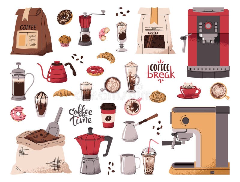 Coffee Items Set. Elements of Coffeeshop. Coffee Machines, Beans ...