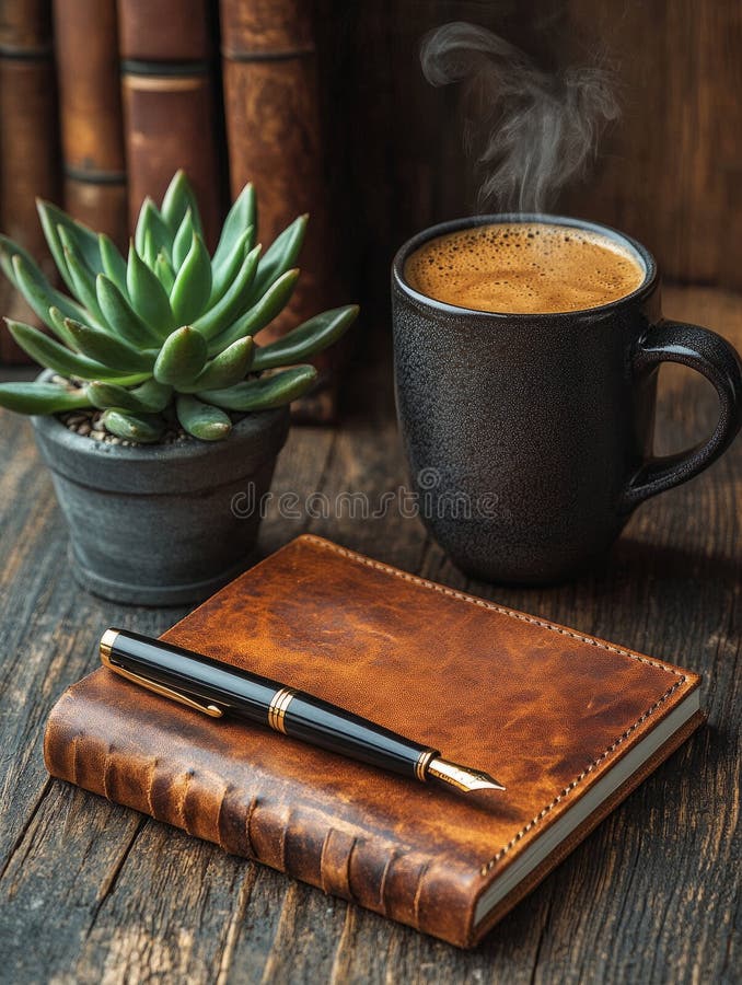 Coffee, Journal, Pen, and Plant on Wooden Desk. Stock Photo - Image of ...