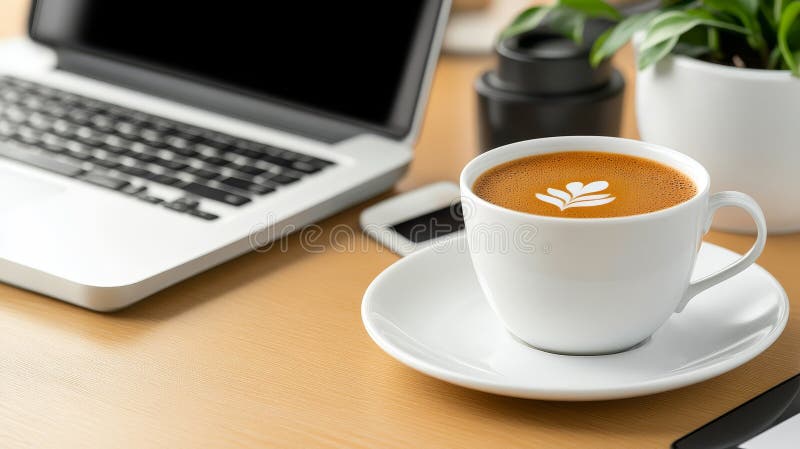Coffee and Laptop on Desk stock illustration. Illustration of work ...