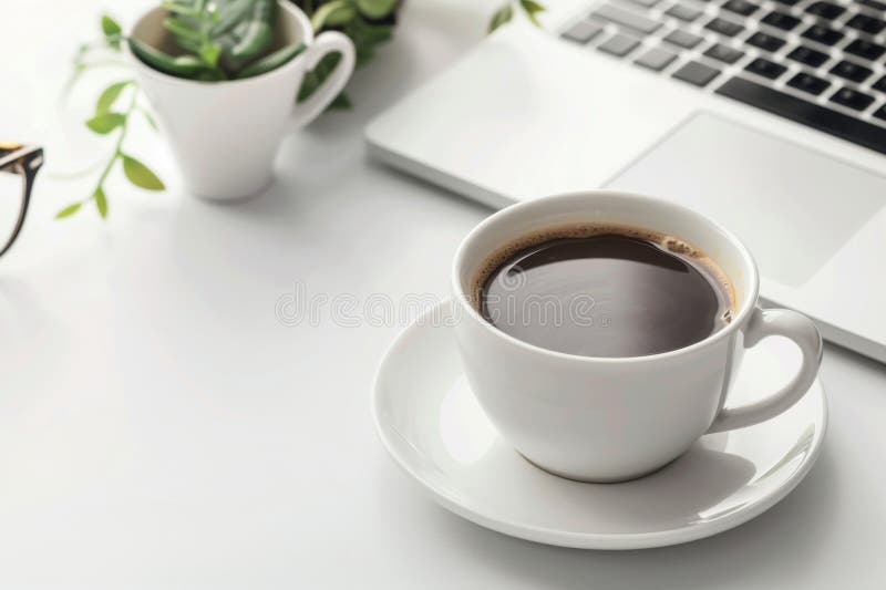 Coffee and Laptop on a Morning Desk with Copy Space. Stock Illustration ...