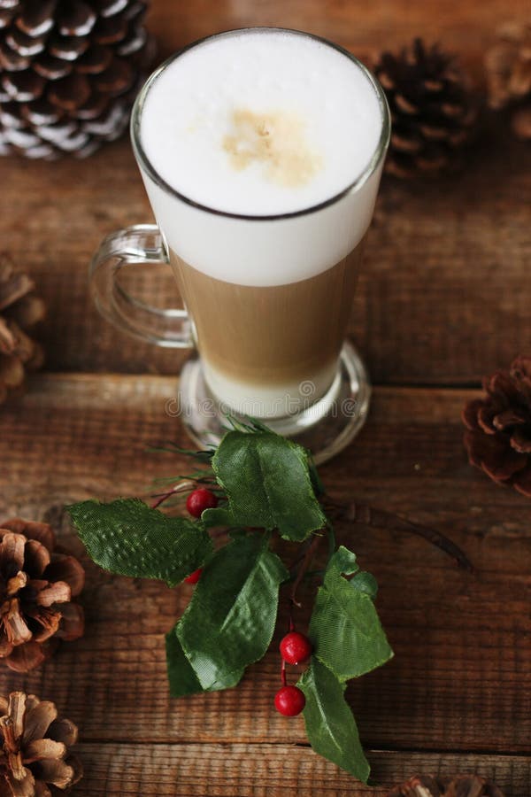 Coffee Latte and Forest Cones on the Table Stock Photo - Image of table ...