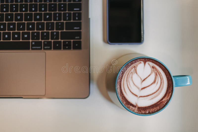 Coffee Latte with Laptop and Mobile Phone. Stock Photo - Image of ...