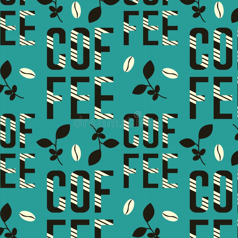 Coffee Letters and Beans on Blue Background, Bright Pattern. Breakfast ...