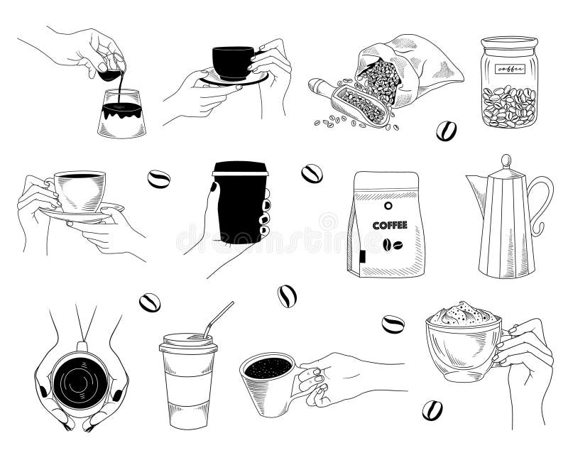 Coffee Line Drawing Illustrations, Coffee Beans, Cup of Coffee, Hand ...