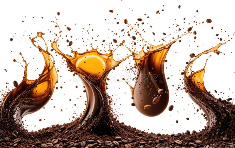 Coffee Liquid Splashing with Ground Coffee and Beans Isolated on White ...
