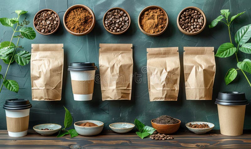 Arranged Display of Coffee Essentials, with Fresh Beans, Ground Coffee ...