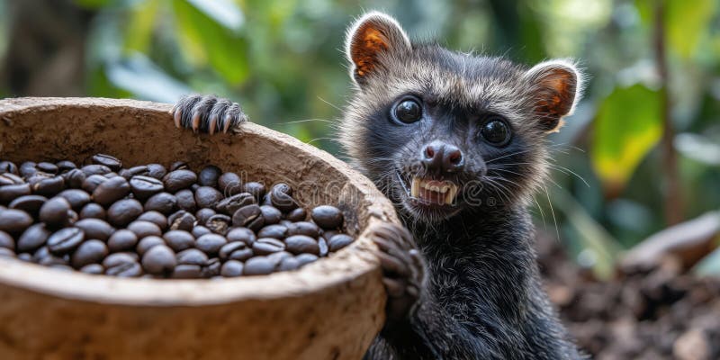 Coffee-loving Coati Holding Bowl of Coffee Beans in Lush Tropical ...