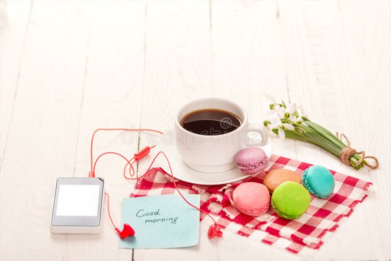 Coffee, Macaroons and Cream with a Good Morning Card Stock Photo ...