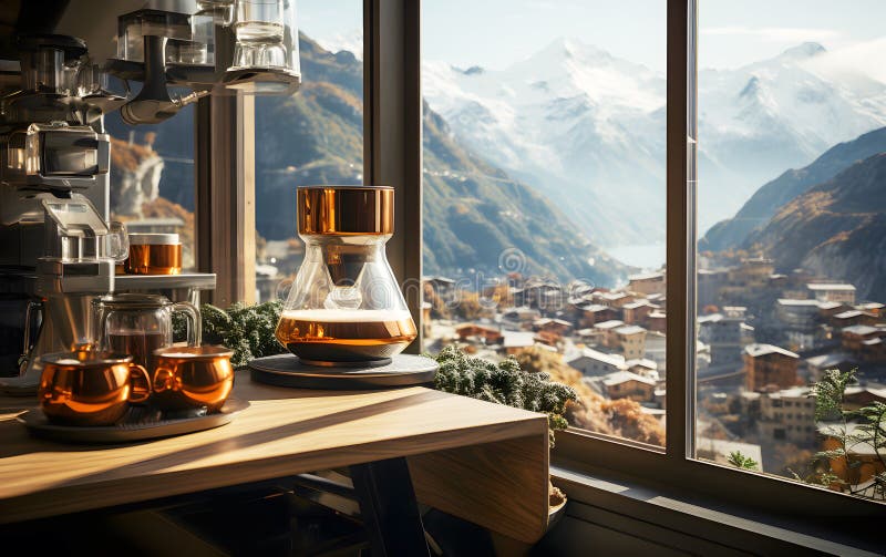 Cappuccino Coffee Cup Near Window Mountain View Stock Photos - Free ...