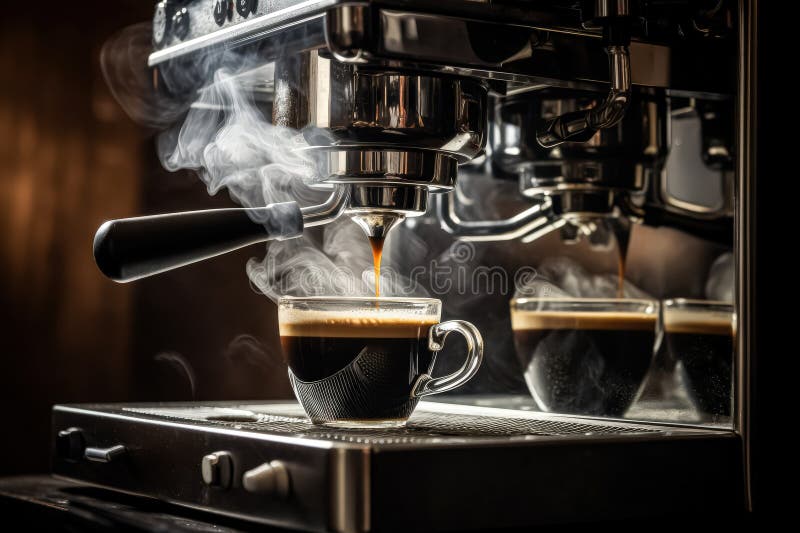 Coffee Machine Brewing Espresso with Steam Rising Stock Photo - Image ...