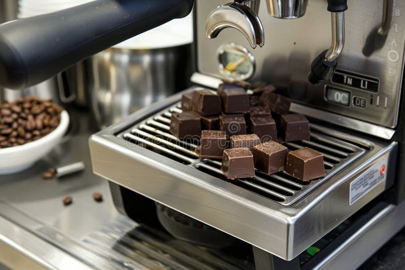 Coffee Machine with Chocolate Chunks on Stainless Steel Drip Tray Stock ...