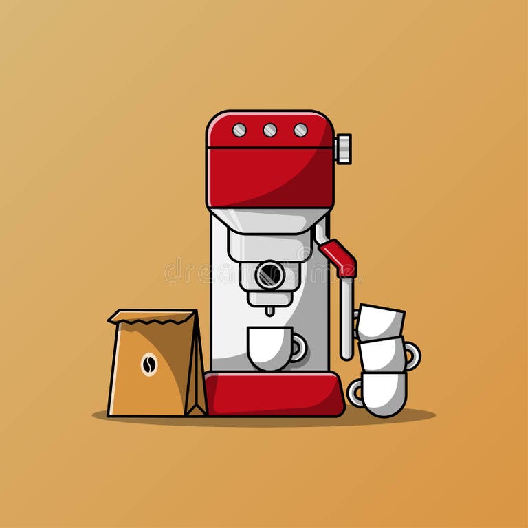 Coffee Machine with Coffee Pack Cartoon and Stack of Cups Stock Vector ...
