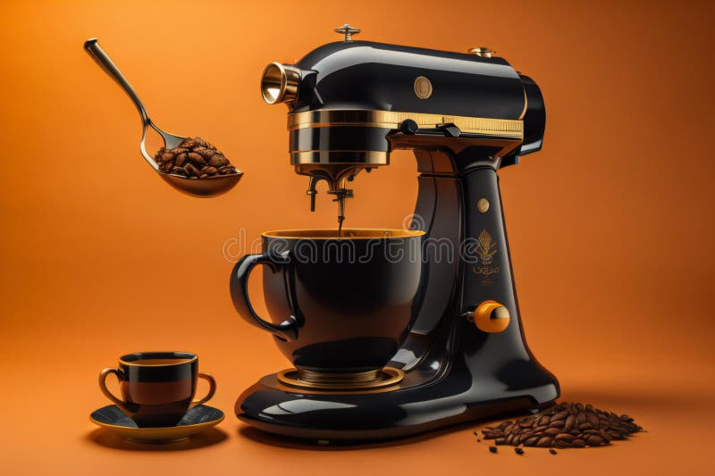 Coffee Machine with Cup of Coffee and Beans on Orange Background ...