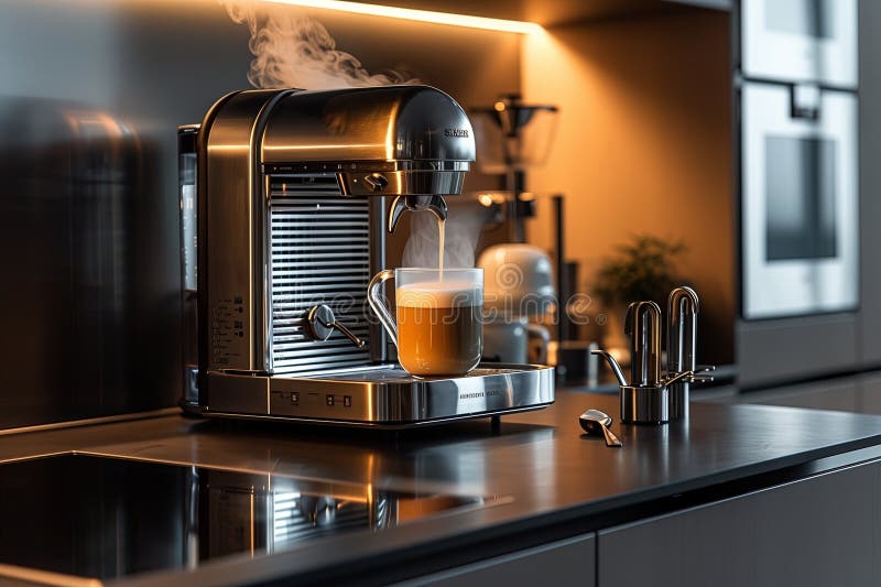 Coffee Machine with Cup of Coffee in Modern Kitchen at Night Stock ...