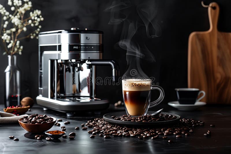 Coffee Machine with Cup of Coffee in Modern Kitchen at Night Stock ...