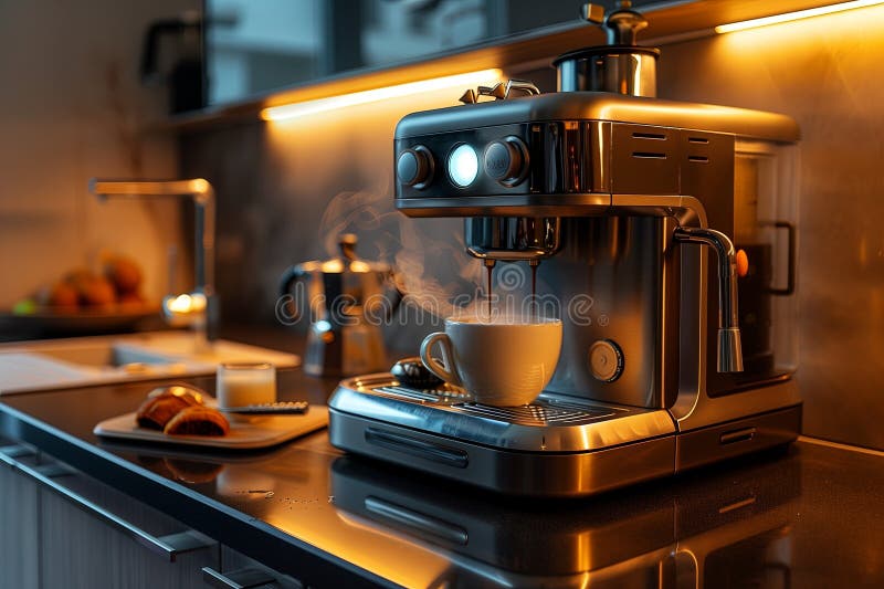 Coffee Machine with Cup of Coffee in Modern Kitchen at Night Stock ...